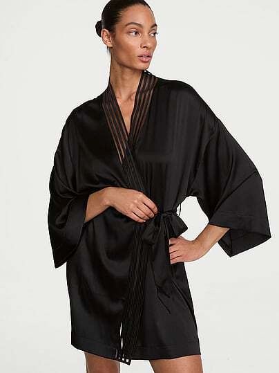 Victoria's Secret Very Sexy Washable Silk Sheer Stripe Short Robe - Black