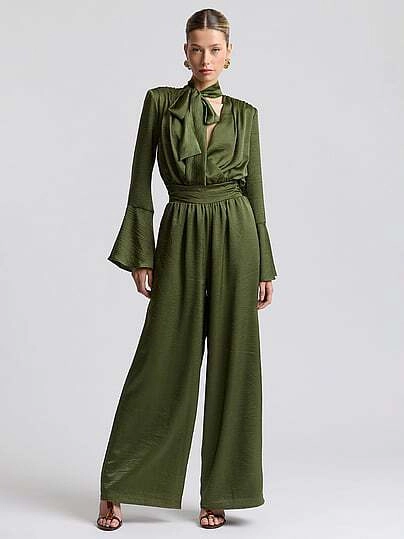 Victoria's Secret Avec Les Filles Tie-neck Long Sleeve Wide-leg Jumpsuit - Green