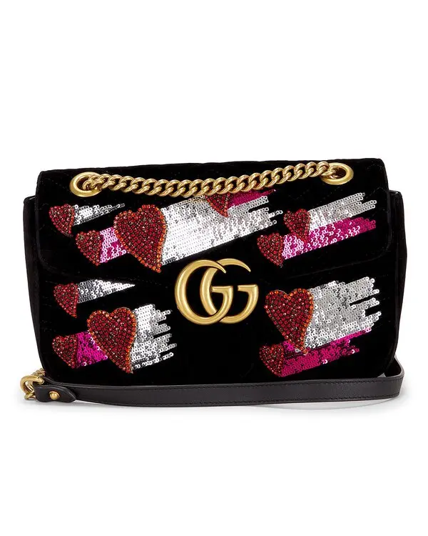 FWRD RENEW Gucci Embellished Velvet Gg Marmont Shoulder Bag