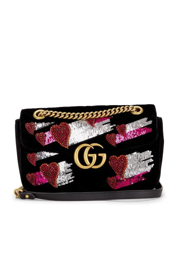 Gucci Embellished Velvet Gg Marmont Shoulder Bag - Black