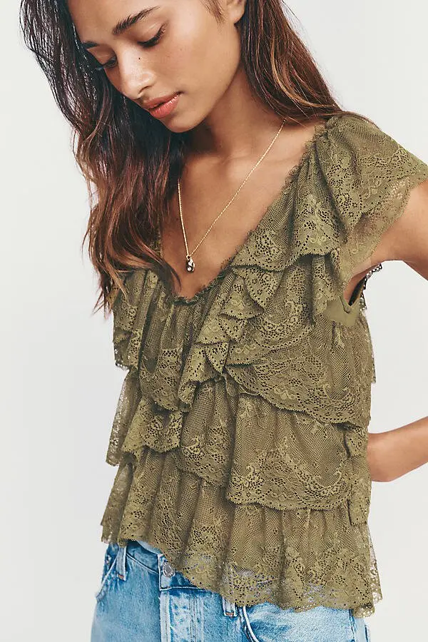 Anthropologie Tiered Lace Top - Green