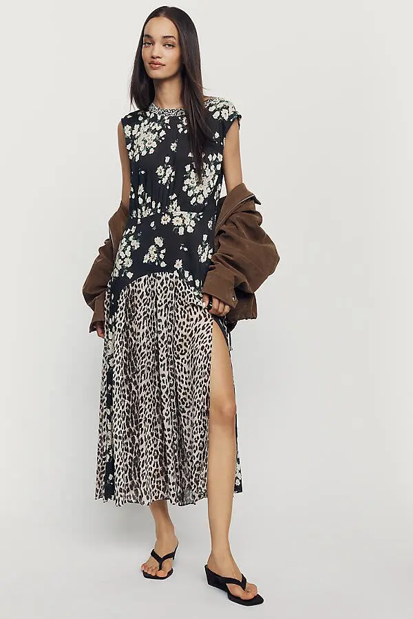 Rixo Coralie Mixed Prt Midi Dress - Black Pattern