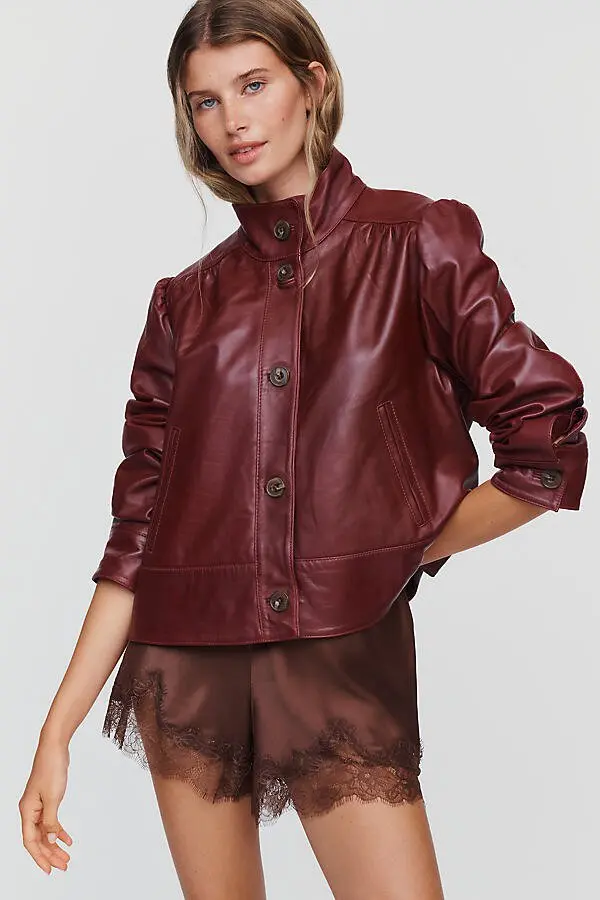Anthropologie Leather Swing Jacket - Wine