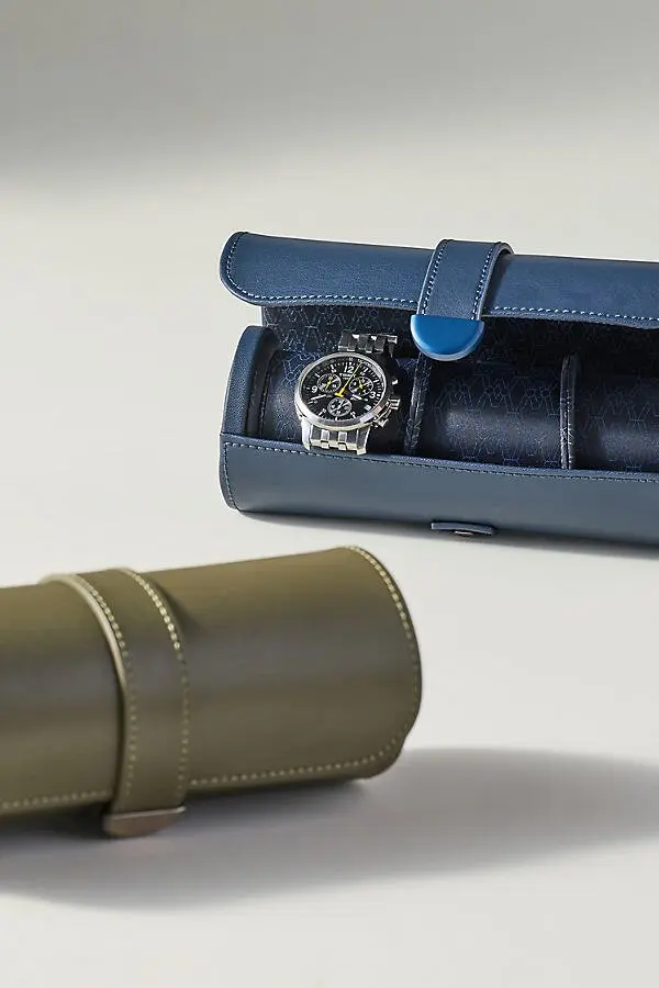 Wolf Earth Travel Leather Triple Watch Roll - Midnight Blue