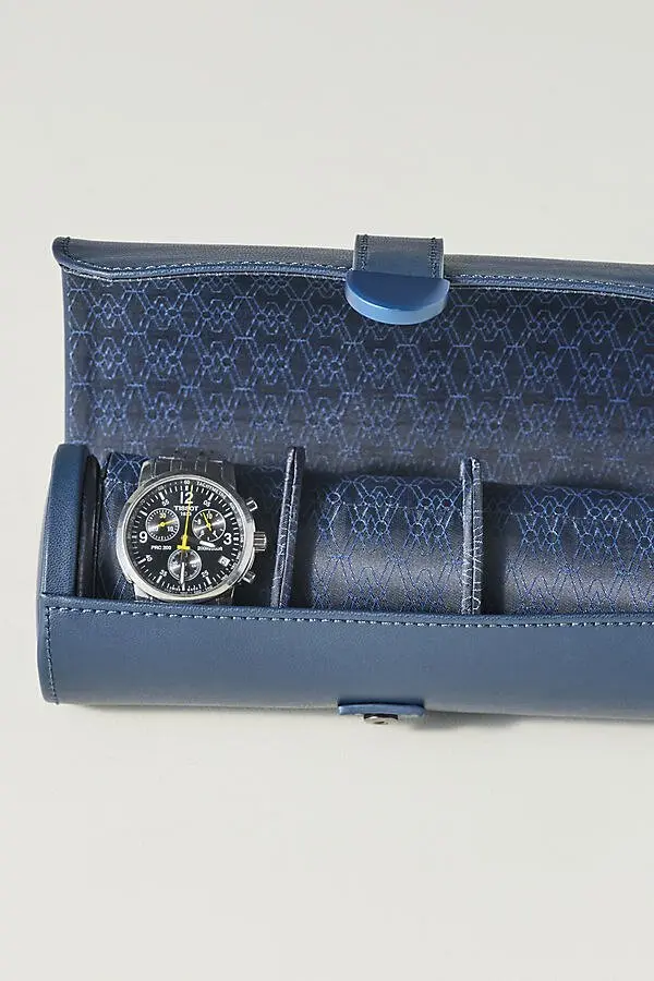 Wolf Earth Travel Leather Triple Watch Roll - Midnight Blue