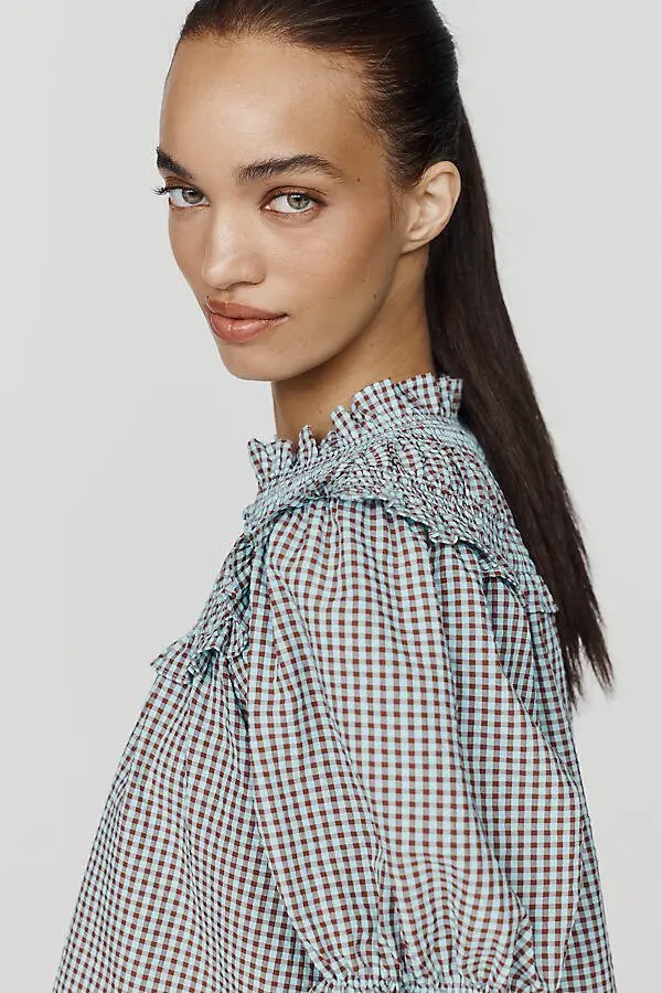 Anthropologie Ruffled Puff-sleeve Blouse - Brown Plaid