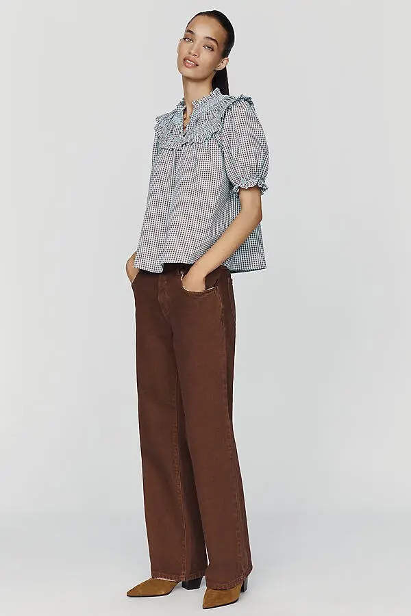 Anthropologie Ruffled Puff-sleeve Blouse - Brown Plaid