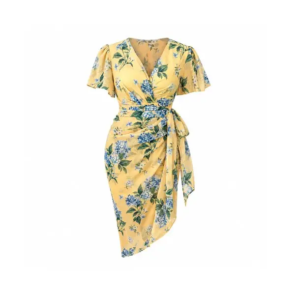 GIRL IN MIND Drew Puff Sleeve Wrap Front Midi Dress Floral Print - Yellow