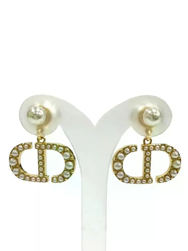 Dior 1990-2010 Plated Faux Pearl Tribales Push Back Earrings Costume Earrings - Gold