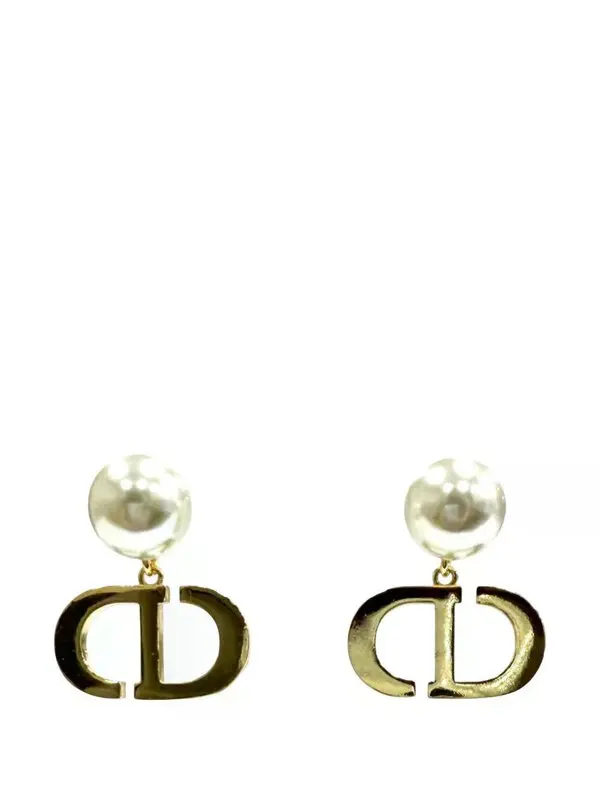 Dior Tone Faux Pearl Cd Logo Earrings - Gold