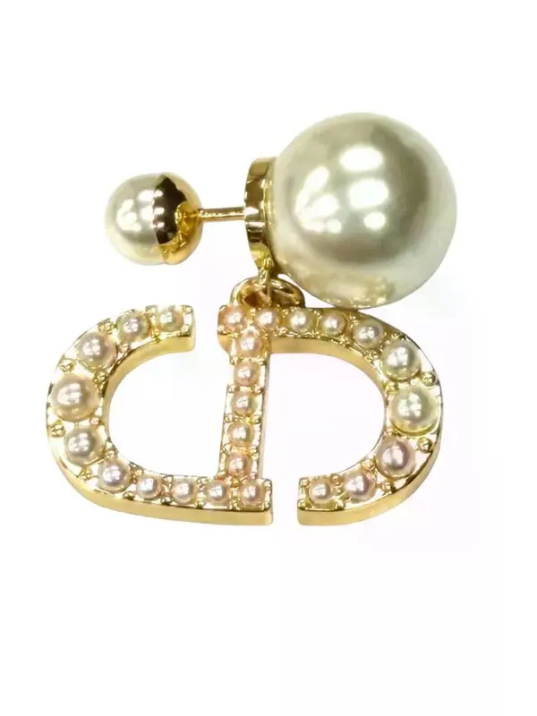 Dior Tone Faux Pearl Cd Logo Earrings - Gold