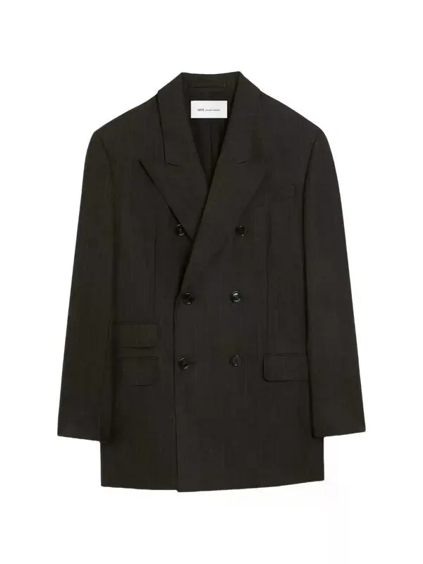 AMI Paris Double-breasted Striped Wool Blazer - Grey