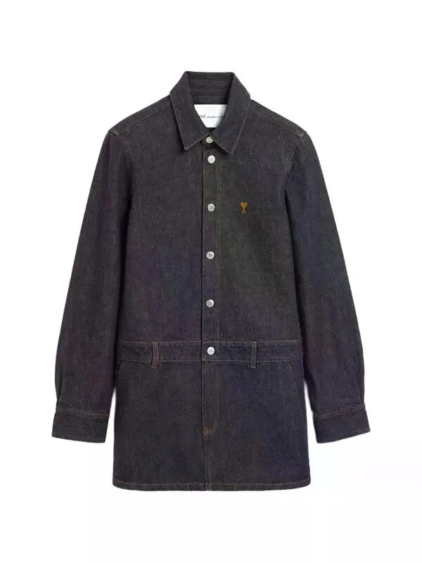 AMI Paris Cotton Denim Shirt Dress With De Coeur - Blue