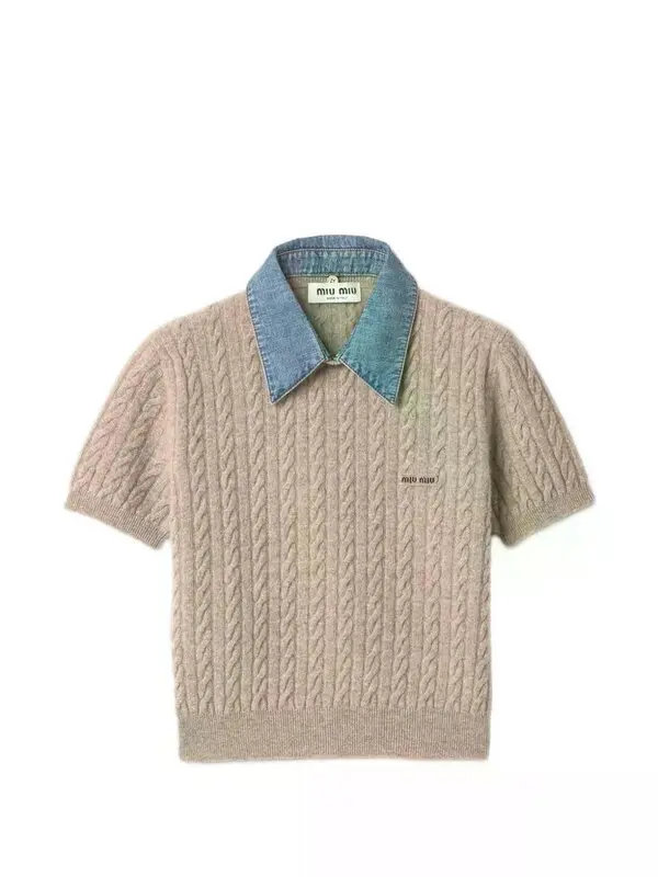 Miu Miu Cable-knit Denim-collar Sweater - Neutrals