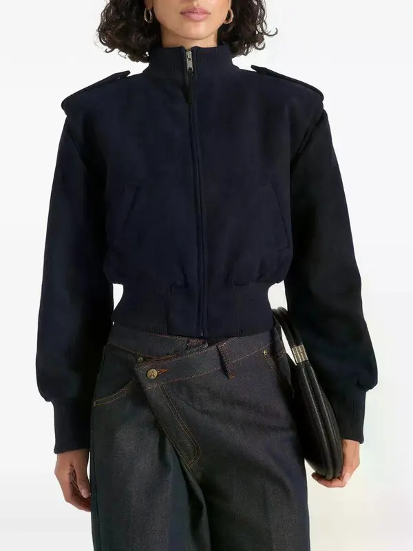 Manière De Voir Suede Layered-shoulder Cropped Bomber Jacket - Blue