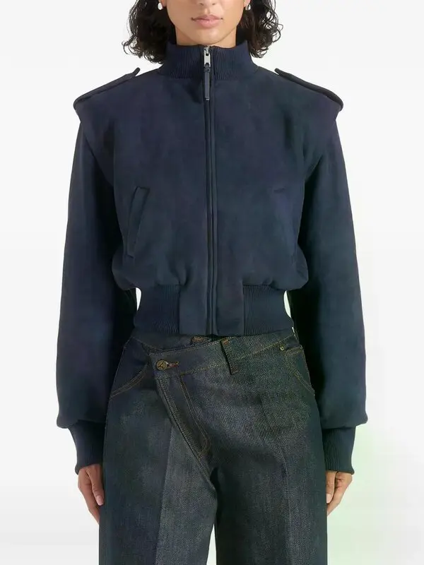 Manière De Voir Suede Layered-shoulder Cropped Bomber Jacket - Blue