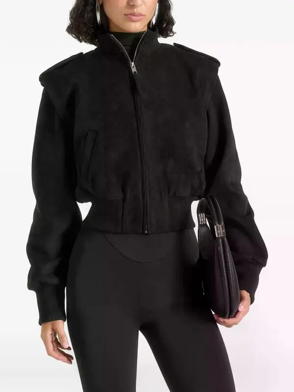 Manière De Voir Suede Layered-shoulder Cropped Bomber Jacket - Black