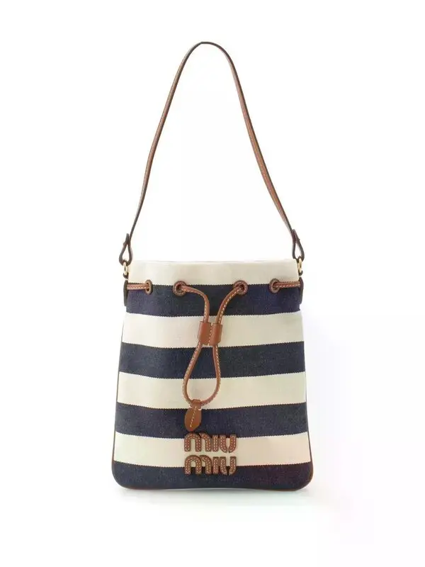Miu Miu 2010-2026 Striped Canvas Logo Drawstring Handbag