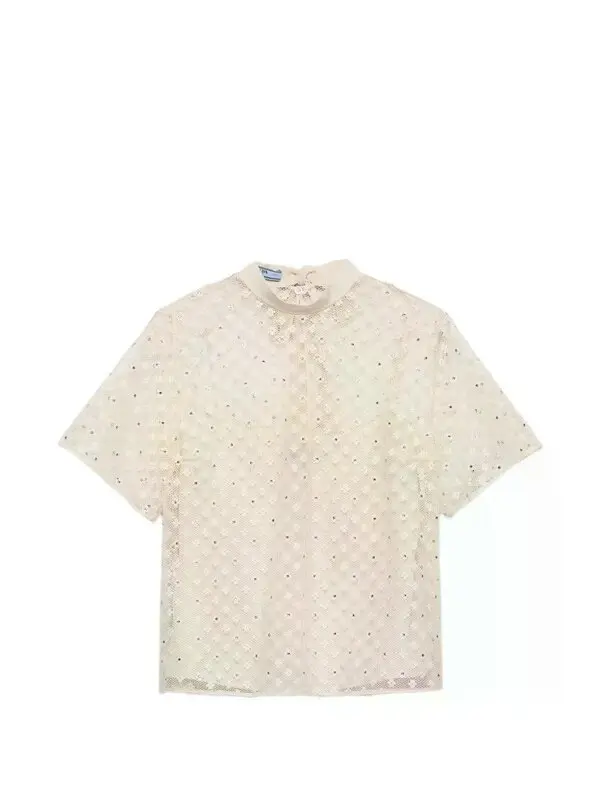 Prada Embroidered Lace Top - Neutrals