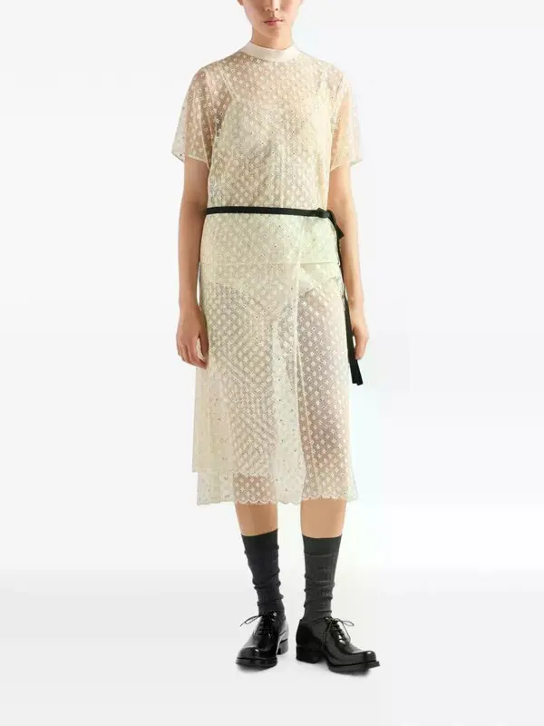 Prada Embroidered Lace Top - Neutrals