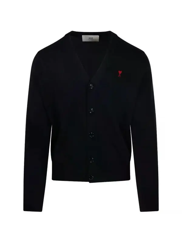 AMI Paris V-neck Wool Cardigan With De Coeur - Black