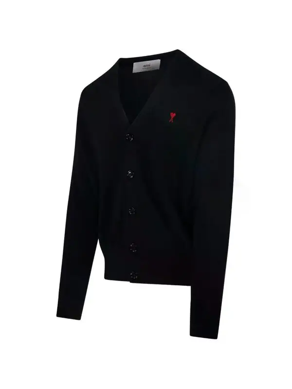 AMI Paris V-neck Wool Cardigan With De Coeur