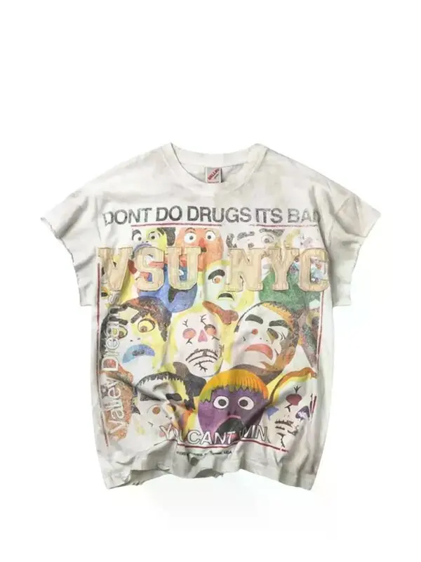 VALE FOREVER Graphic-print Cropped-sleeves Distressed T-shirt - Neutrals