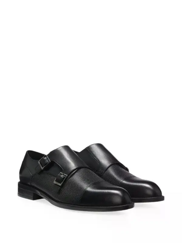 BOSS Double Monk Shoes In Leather With Perforated Detail