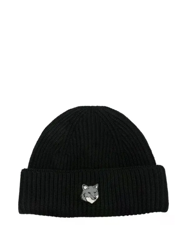 Maison Kitsuné Ribbed Knit Beanie Hat - Black