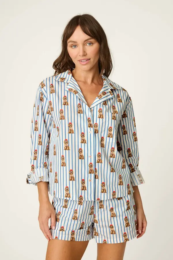PJ Salvage Super-soft Cotton Afterparty Poplin Stripe & Poodle Print Long Sleeve Top - Deep Navy