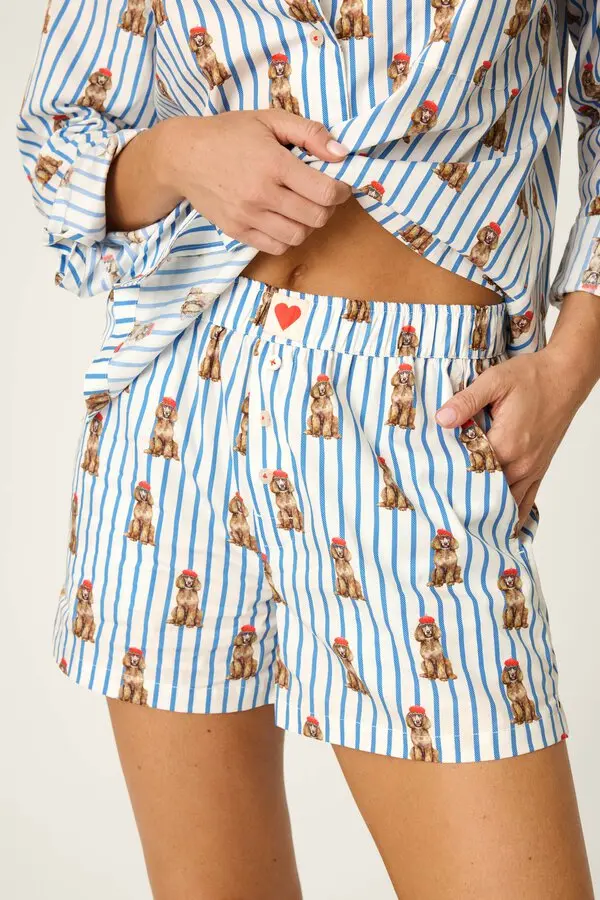 PJ Salvage Super-soft Cotton Afterparty Poplin Stripe & Poodle Print Pajama Shorts - Deep Navy