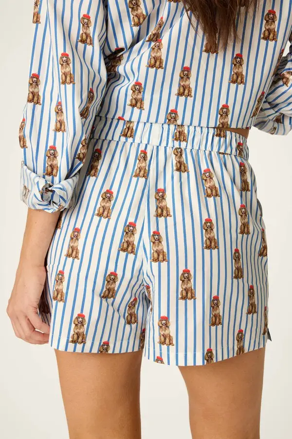 PJ Salvage Super-soft Cotton Afterparty Poplin Stripe & Poodle Print Pajama Shorts - Deep Navy