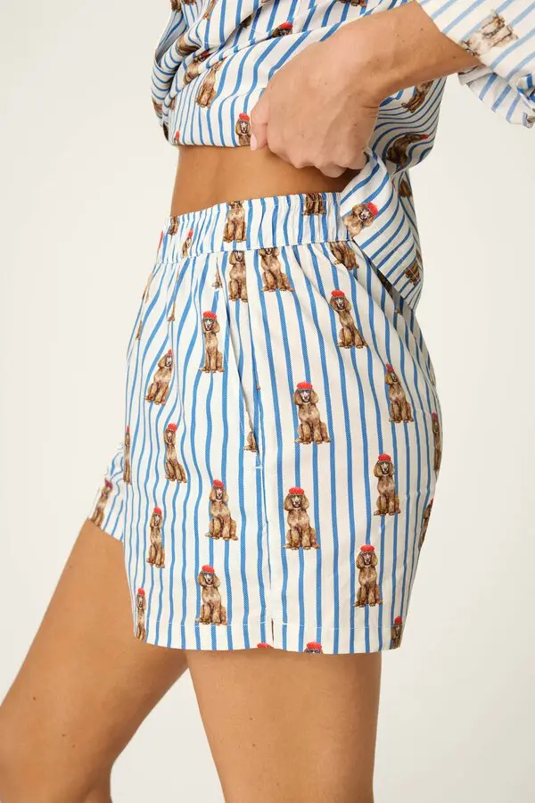 PJ Salvage Super-soft Cotton Afterparty Poplin Stripe & Poodle Print Pajama Shorts - Deep Navy