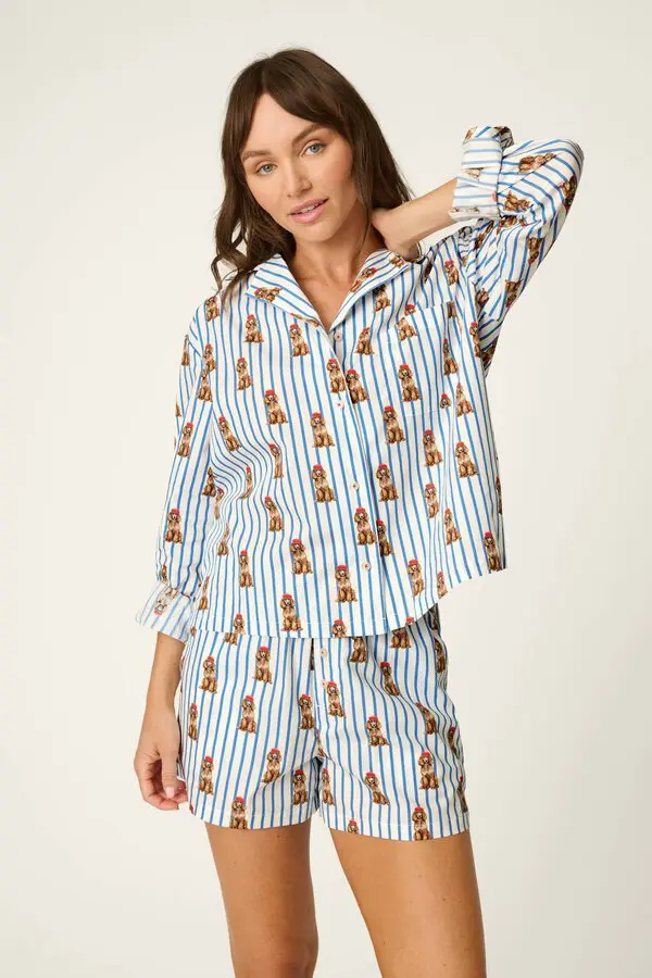 PJ Salvage Super-soft Cotton Afterparty Poplin Stripe & Poodle Long Sleeve & Shorts Print Pajama Set - Deep Navy