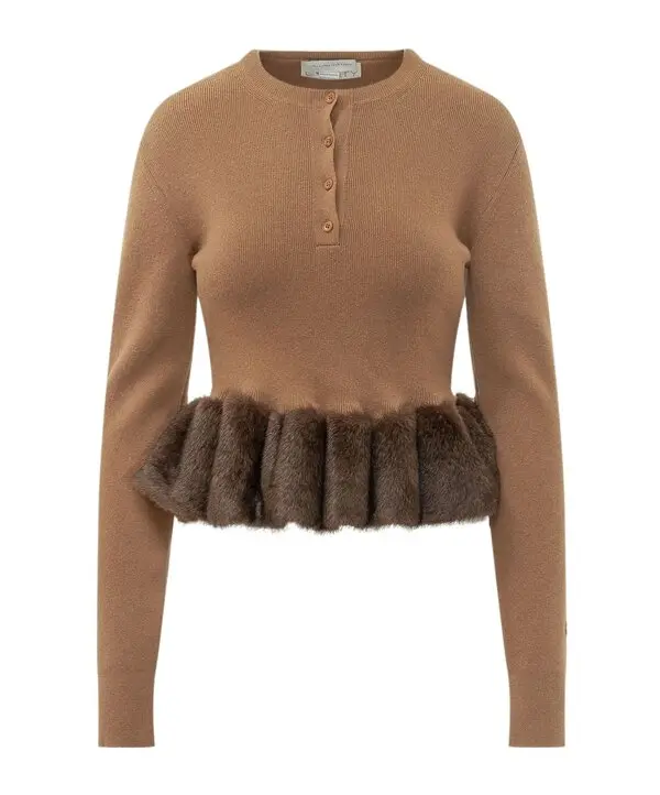 Stella McCartney Faux Fur Trim Peplum Knitted Jumper - Brown