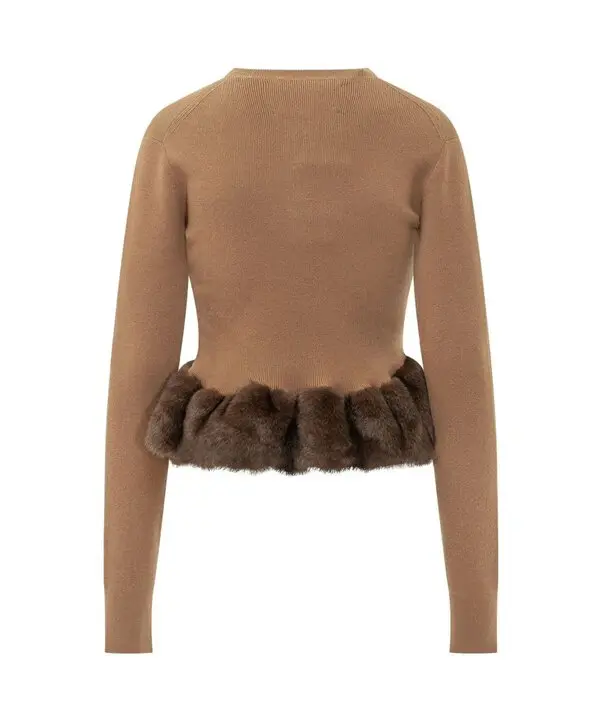 Stella McCartney Faux Fur Trim Peplum Knitted Jumper - Brown