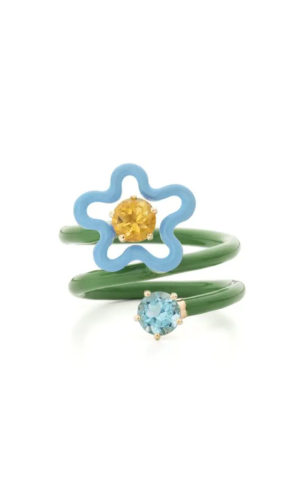 Bea Bongiasca 9kt Yellow Gold In Single Flower Ring With Hand Painted Green And Enamel - Blue