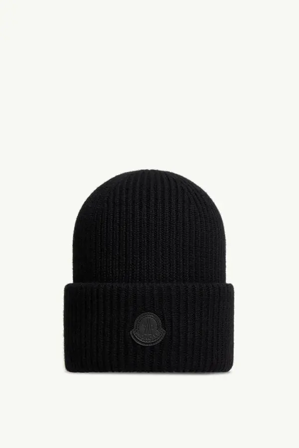 Moncler Leather Logo Cashmere Beanie - Black