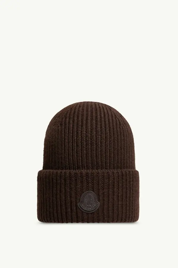 Moncler Leather Logo Cashmere Beanie - Brown