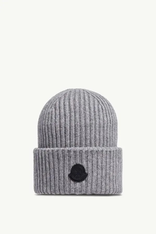 Moncler Leather Logo Cashmere Beanie - Grey