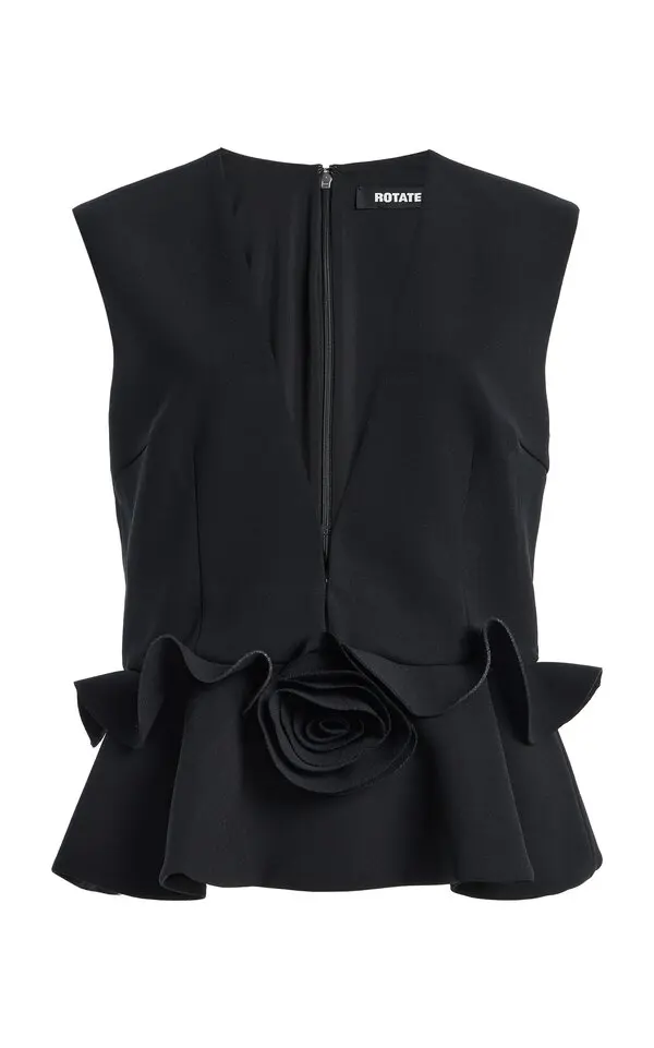 ROTATE BY BIRGER CHRISTENSEN Flower V-neck Crepe Top - Black