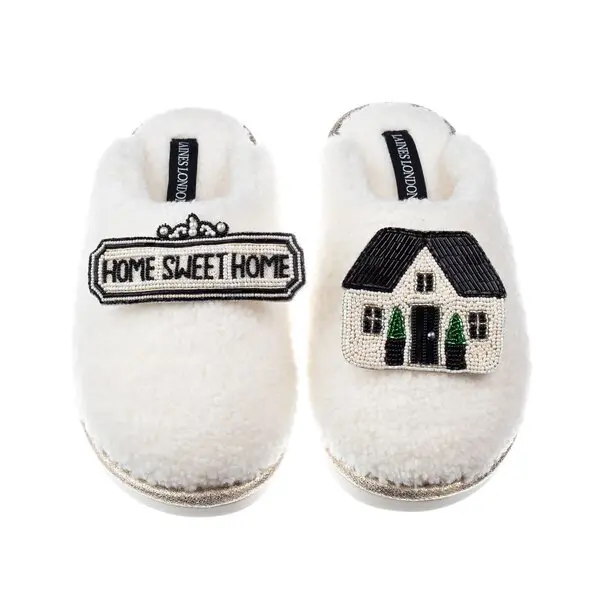 LAINES LONDON Neutrals / Teddy Closed Toe Slippers With Home Sweet Home Brooches Cream - White