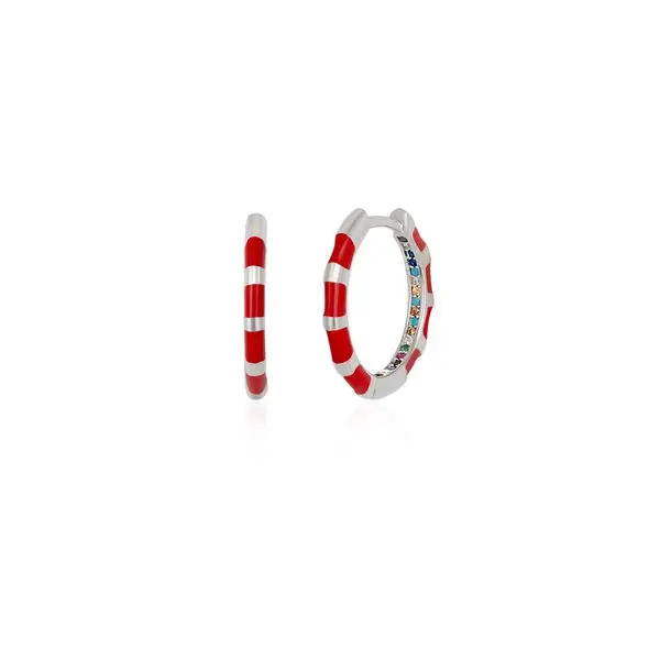 SPERO LONDON Red / Silver Enamel Red Fine Stripe Sterling Silver Hoop Earrings With Multi Color Zirconia Interior - Red/silver