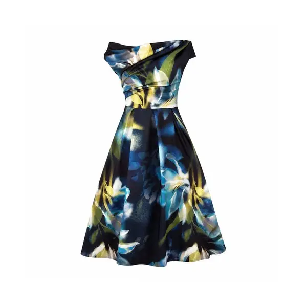 GIRL IN MIND Betty Asymmetric Neckline Large Floral Skater Midi Dress Sapphire - Blue