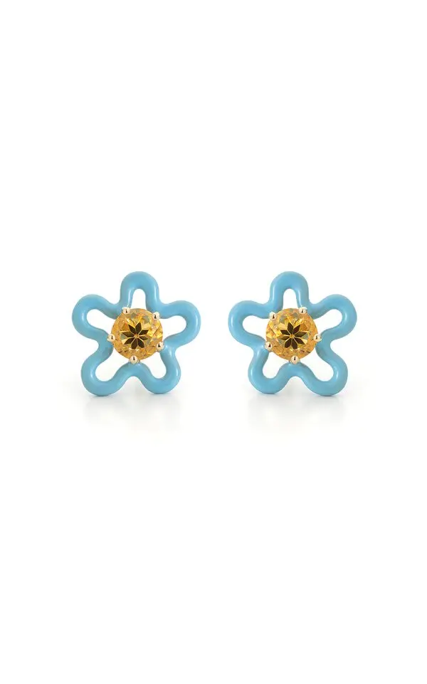 Bea Bongiasca 9kt Yellow Gold Flower Stud Earrings With Baby Enamel And Citrine - Blue