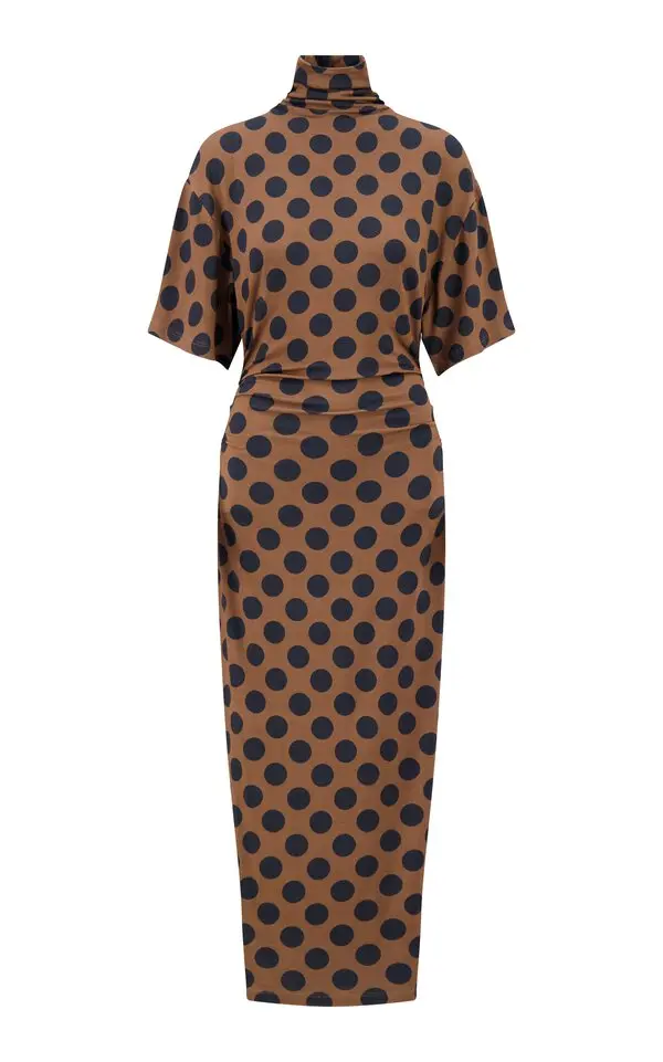 Lela Rose Polka Dot Jersey Turtleneck Dress