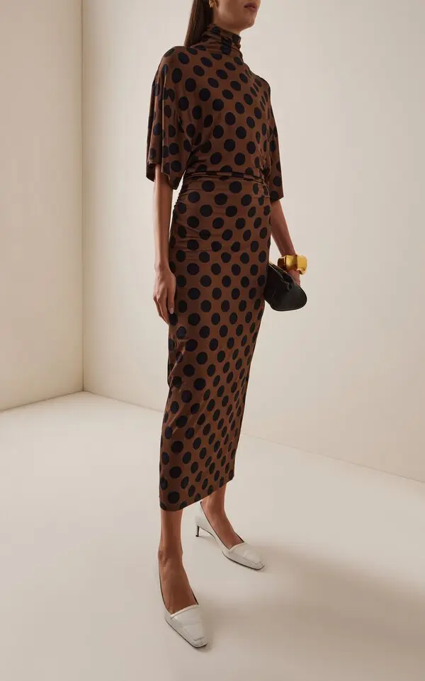 Lela Rose Polka Dot Jersey Turtleneck Dress