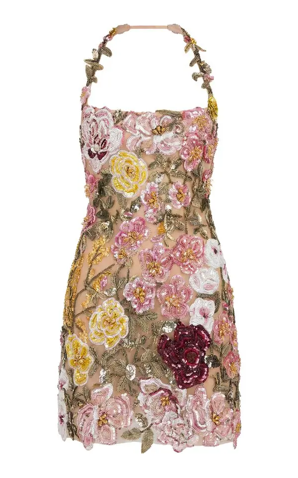 Oscar De La Renta Floral-embroidered Tulle Mini Halter Dress - Multi