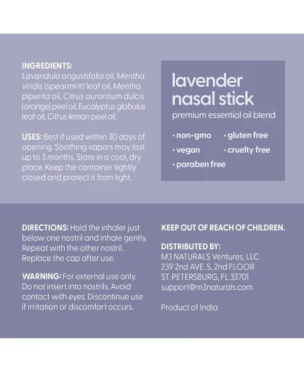 M3 Naturals Lavender Aromatherapy Nasal Inhaler Sticks With Mint
