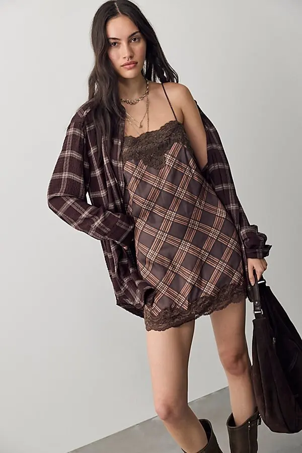 Free People Canal Street Plaid Slip Dress Set - Brown Combo
